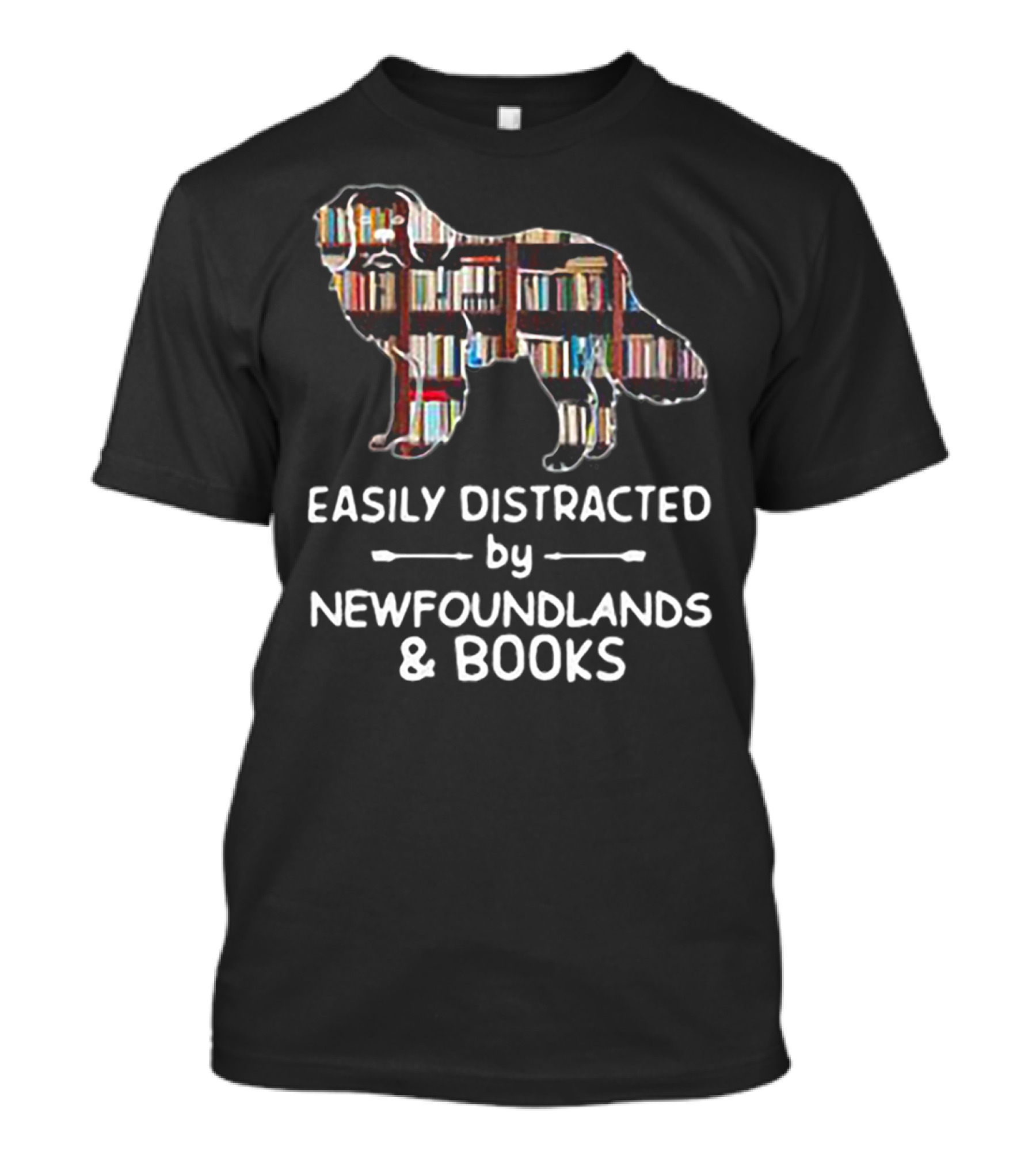 Easily Distracted By Newfoundlands And Books Silhouette Filled With Books T-Shirt