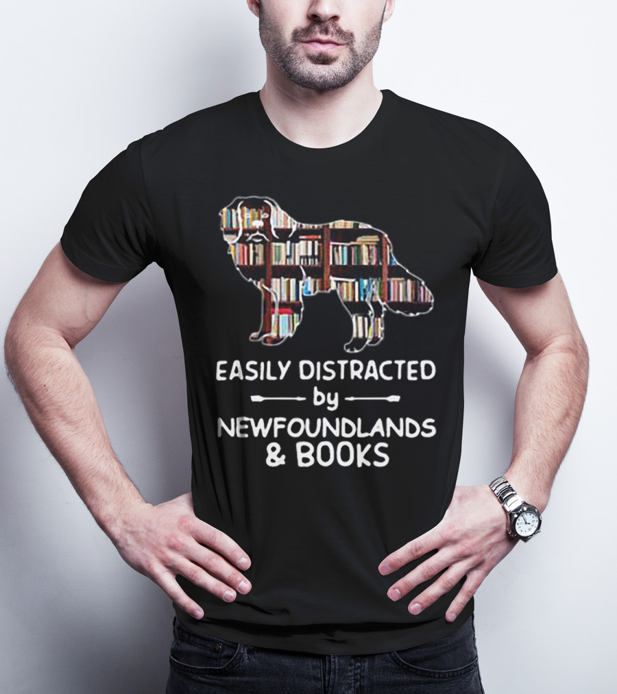 Easily Distracted By Newfoundlands And Books Silhouette Filled With Books T-Shirt