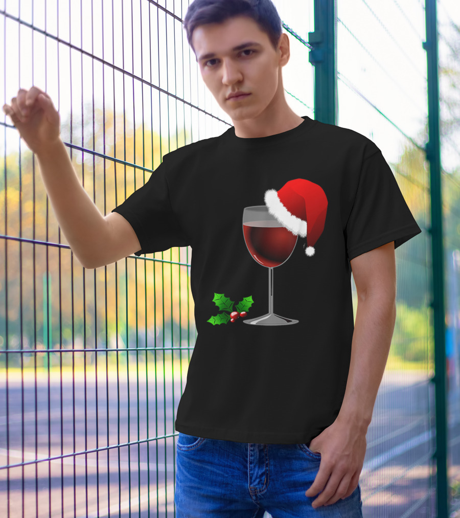 Wine Christmas Santa Hat Holly T-Shirt