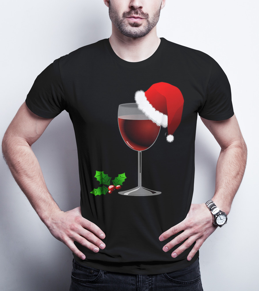 Wine Christmas Santa Hat Holly T-Shirt