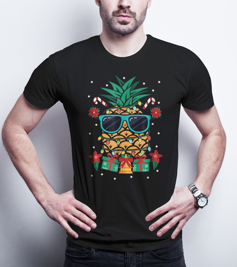 Tropical Christmas Cruise Festive Pineapple Sunglasses Candy Canes Lights T-Shirt
