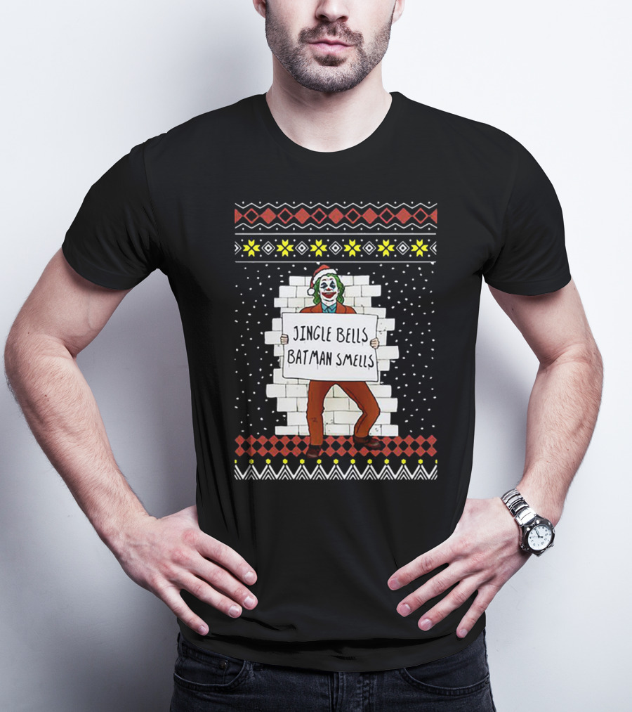 Jingle Bells Batman Smells Joker In Santa Hat Ugly Christmas T-Shirt