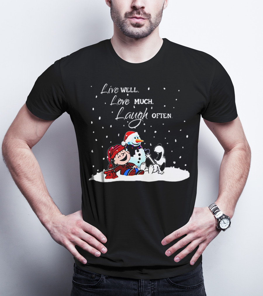 Snoopy Charlie Brown Live Well Love Much Laugh Often Winter Snowman Scene T-Shirt