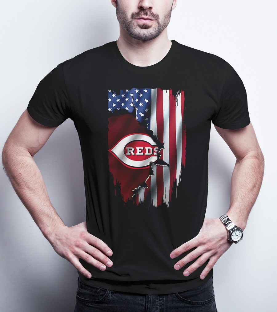 Cincinnati Reds American Flag Iconic Logo T-Shirt