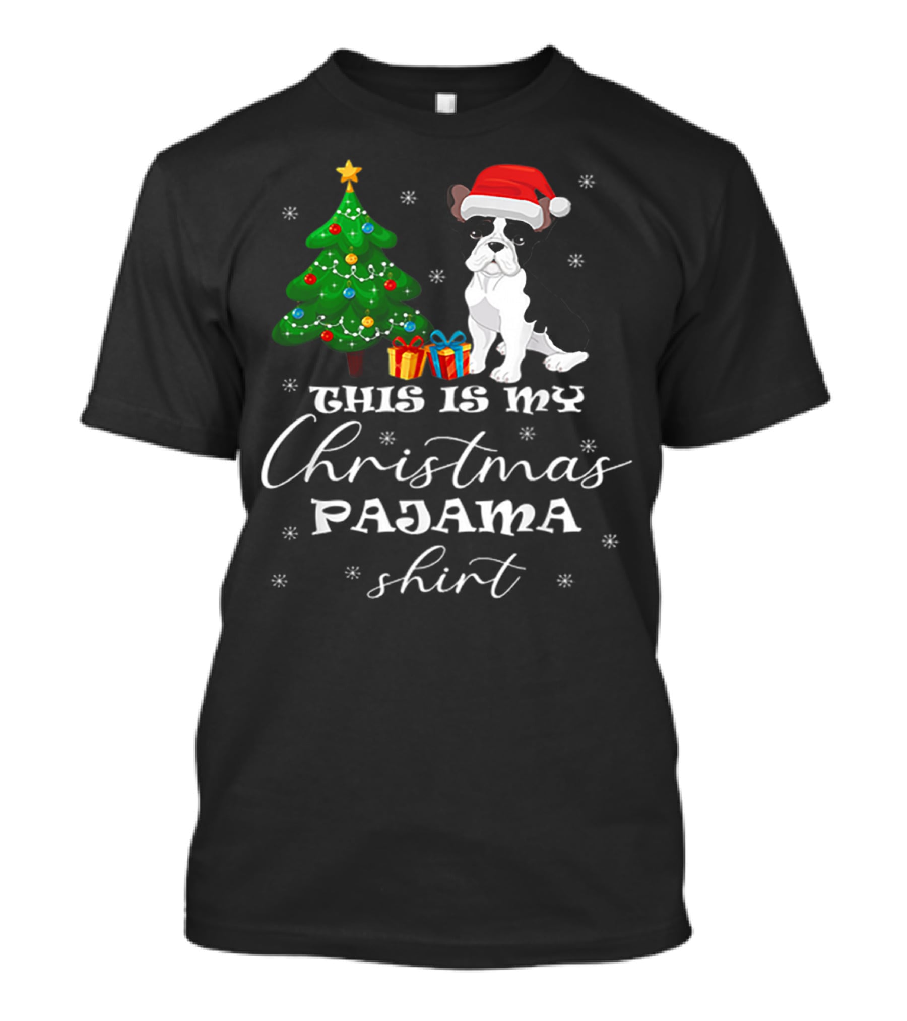 This Is My Christmas Pajama Shirt Bulldog Santa Hat Christmas Tree Presents T-Shirt
