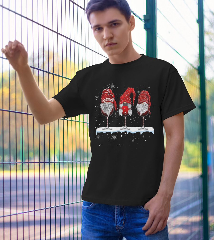 Wine Glasses Gnomies Holiday Snowflakes Gnome Trio T-Shirt
