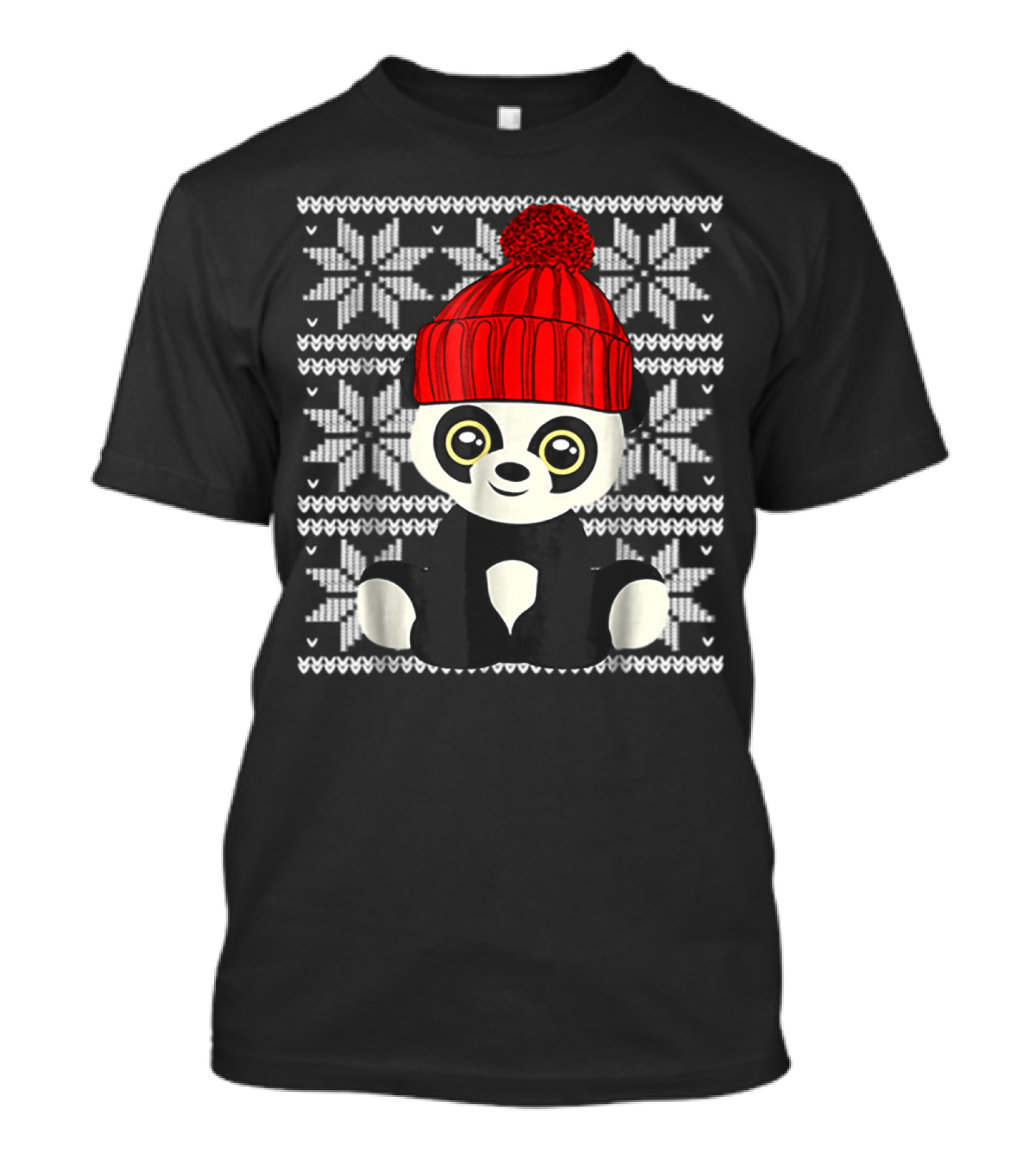 Ugly Sweater Christmas Panda Bear With Red Knit Hat T-Shirt