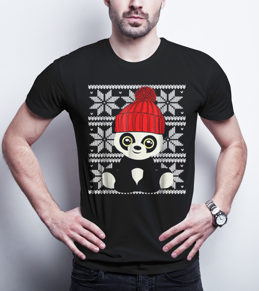 Ugly Sweater Christmas Panda Bear With Red Knit Hat T-Shirt