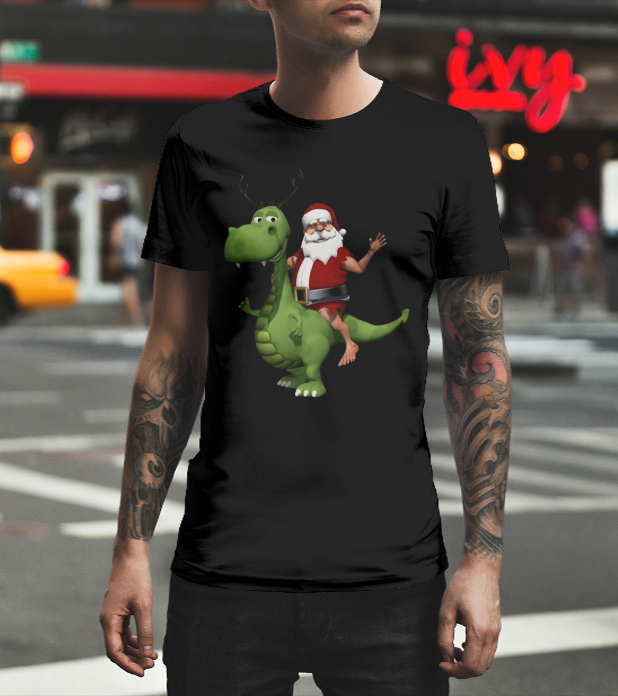 Santa Riding Rex Dinosaur Reindeer Christmas Holiday Fun T-Shirt