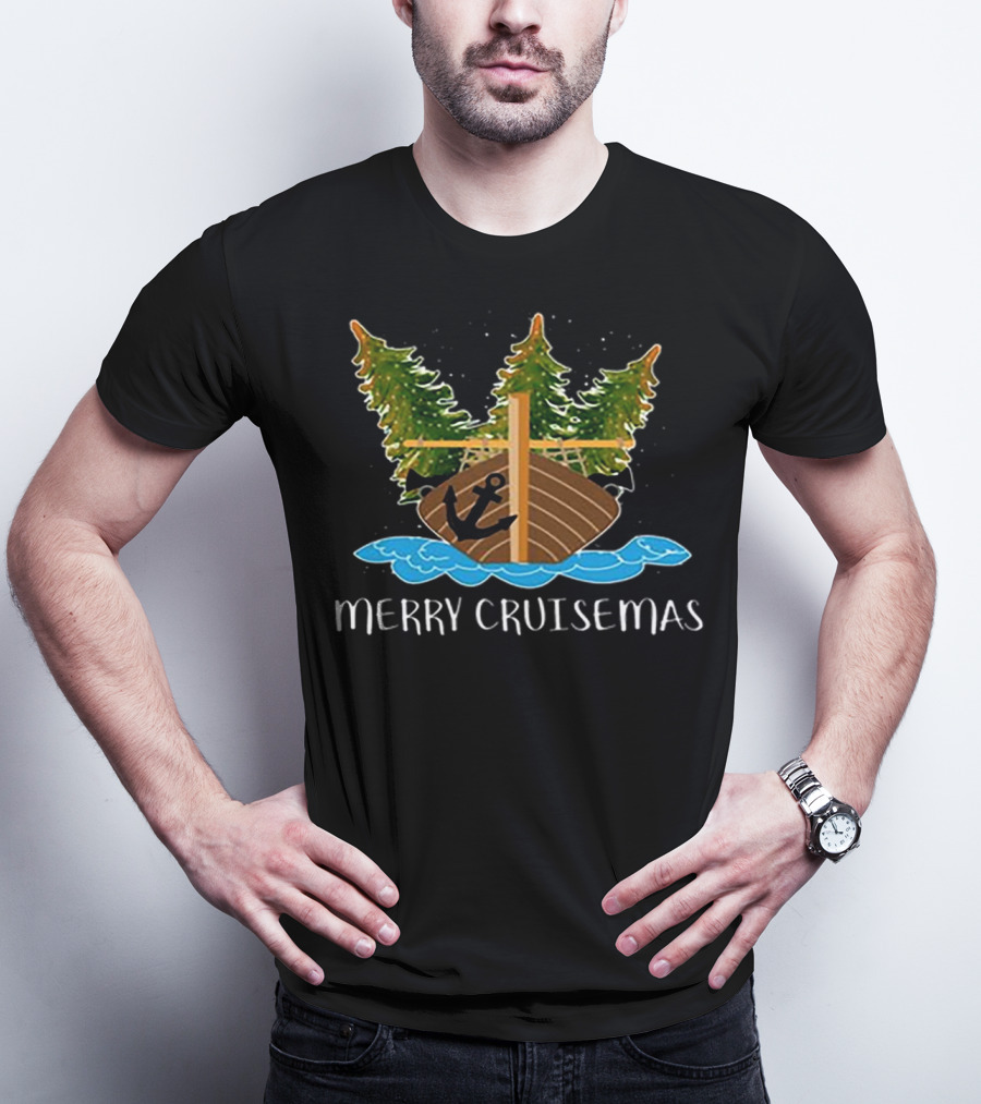 Merry Cruisemas Christmas Cruise Ship With Anchor And Festive Trees T-Shirt