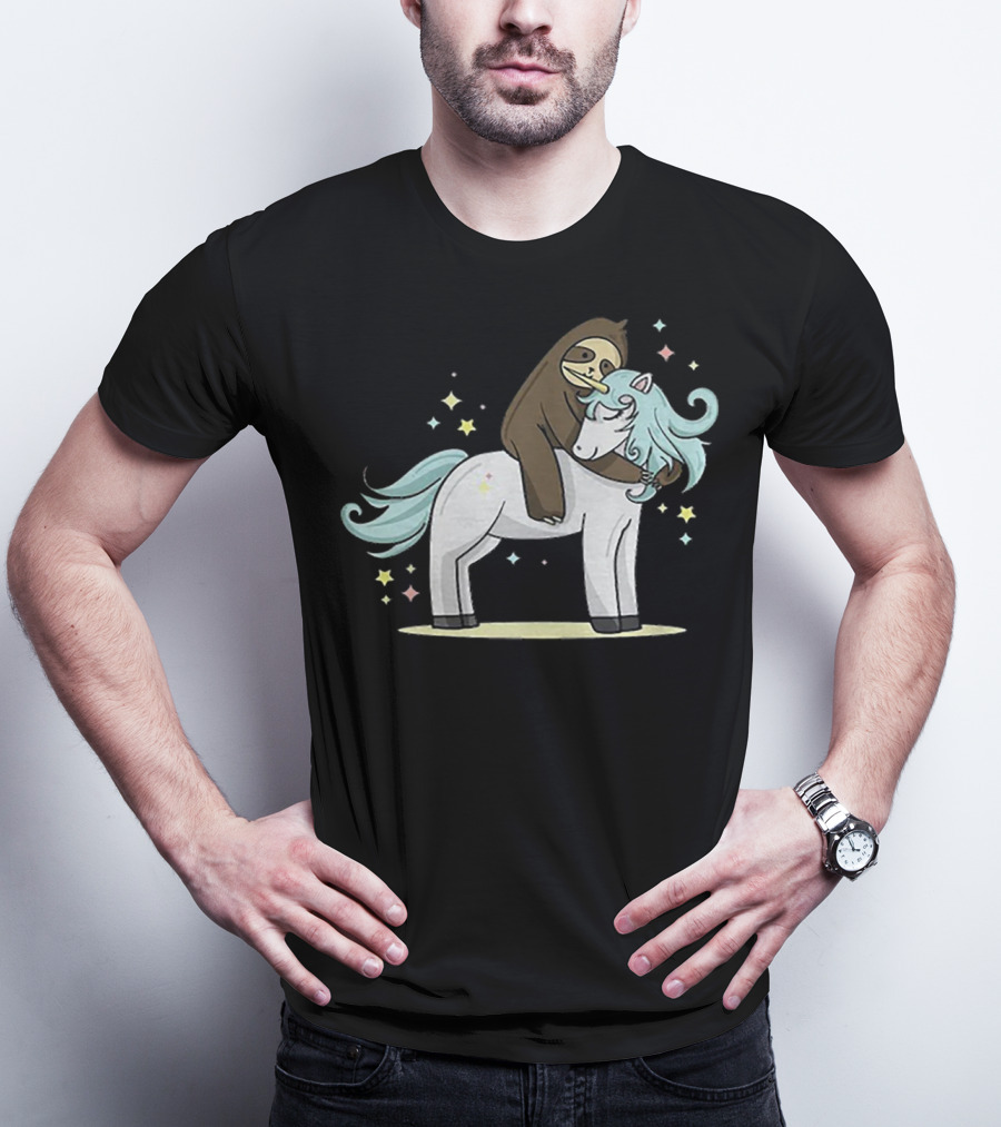 Sloth Hugging Magical Unicorn Surrounded By Sparkling Stars T-Shirt