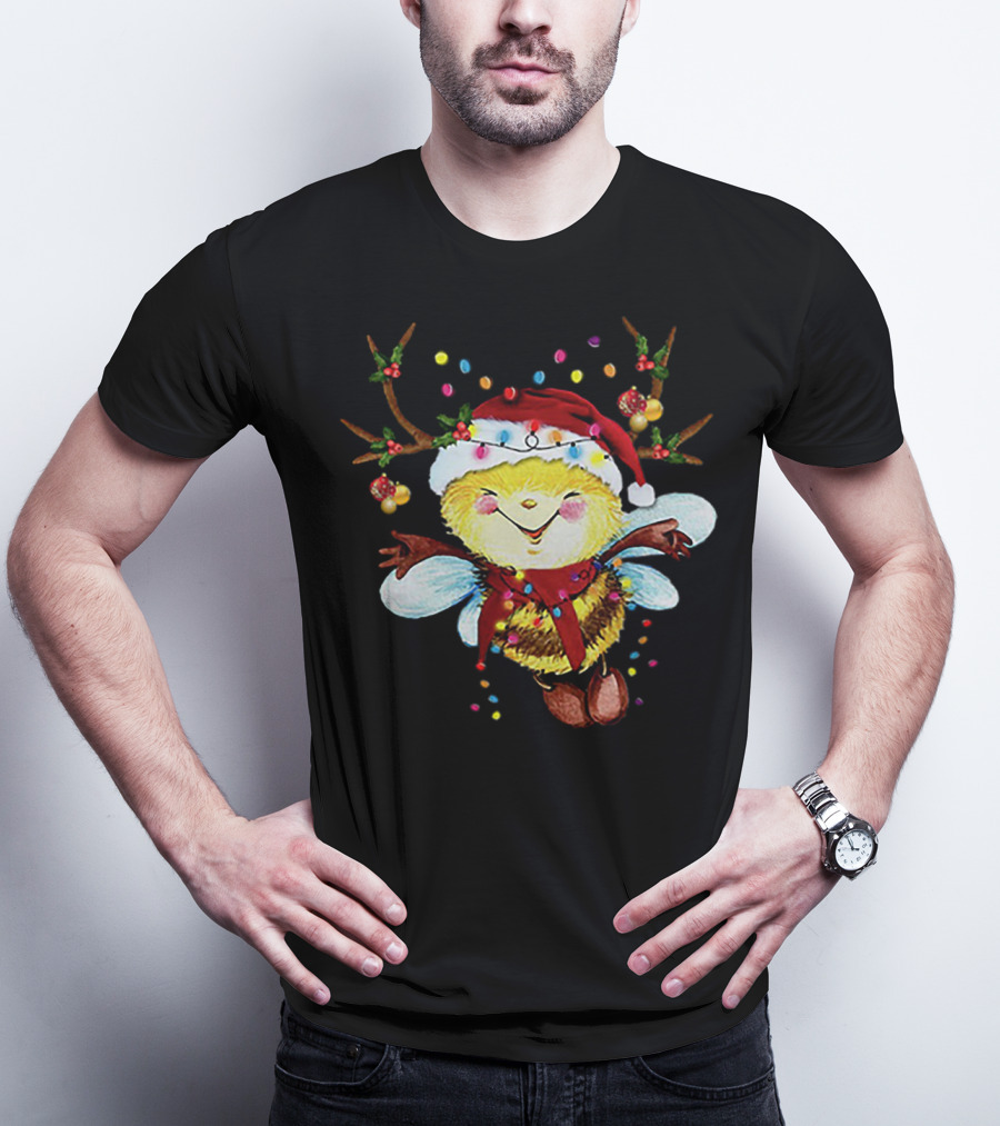 Santa Bee Reindeer Lights Holiday Cheer T-Shirt