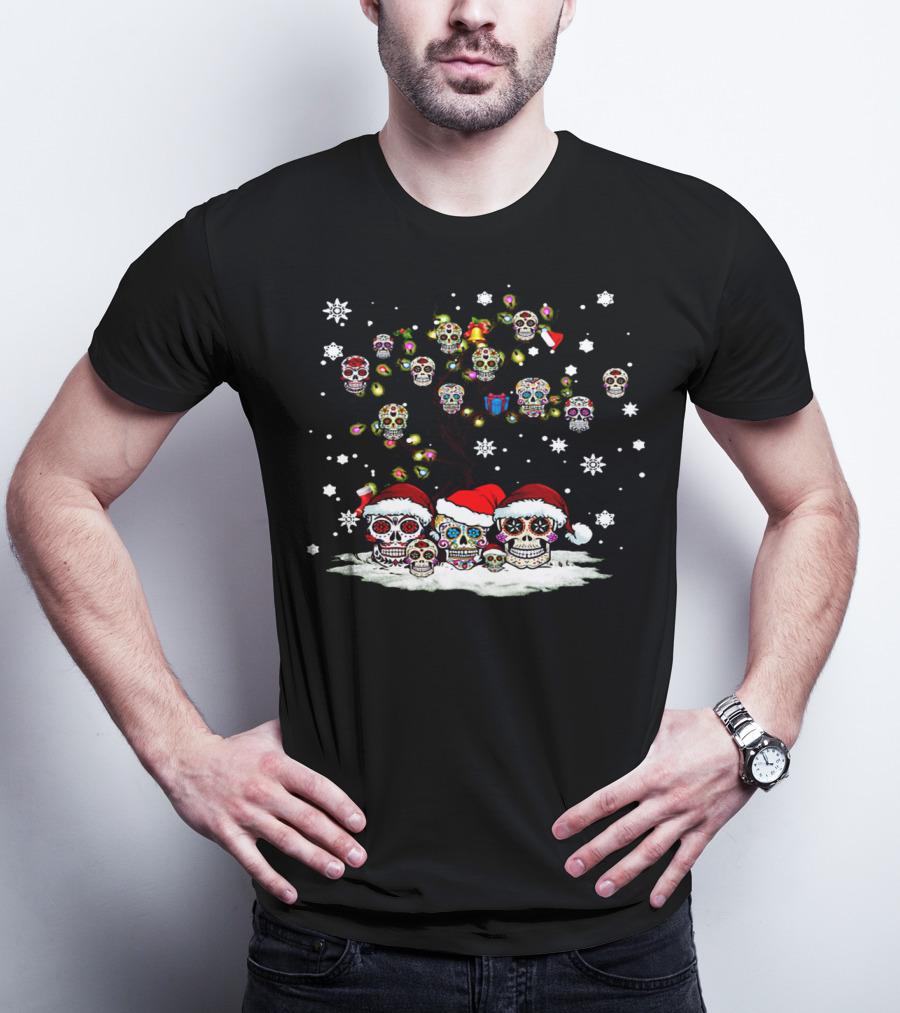 Christmas Sugar Skull Tree With Santa Hats And Snowflakes T-Shirt