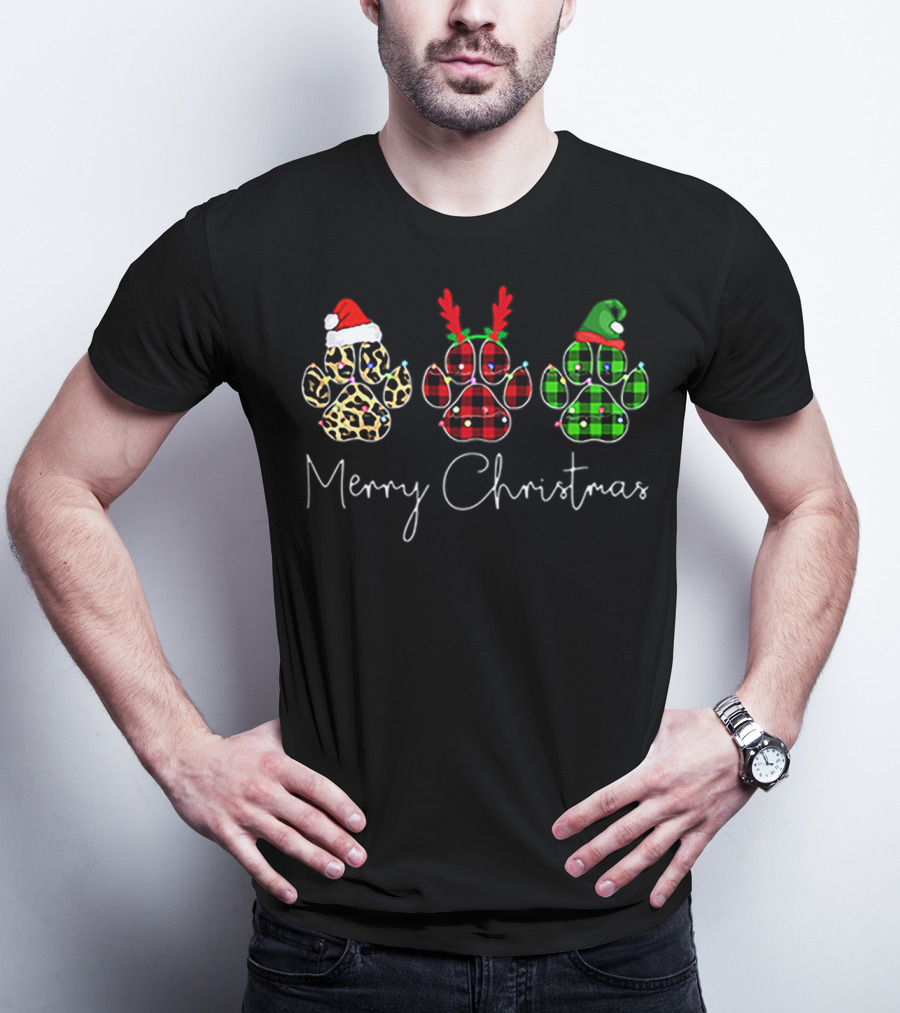 Merry Christmas Bear Paw Leopard Santa Antlers Plaid T-Shirt