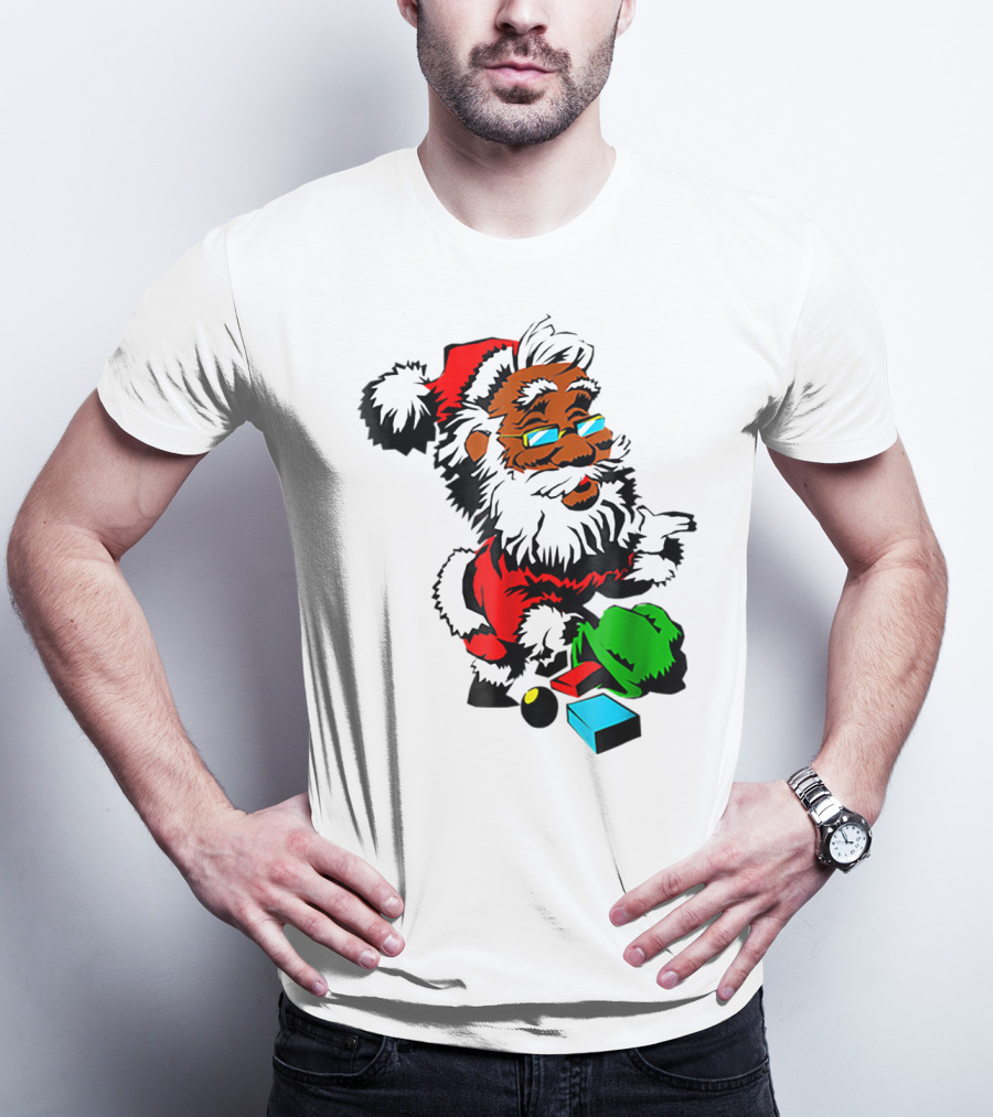 African American Santa Claus With Presents And Santa Hat T-Shirt