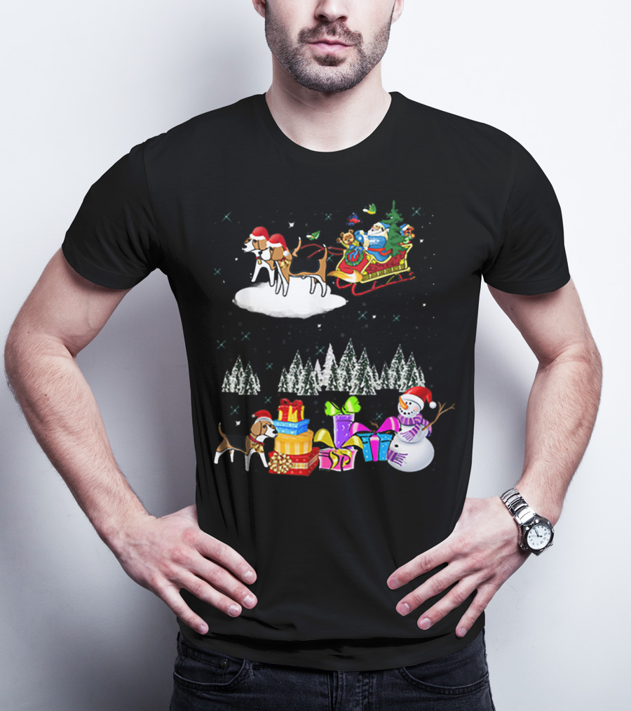 Beagle Reindeer Christmas Santa Sleigh Snowman Presents Trees Moon T-Shirt