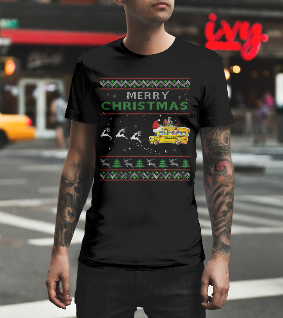 Merry Christmas School Bus Driver Santa And Reindeer Holiday T-Shirt