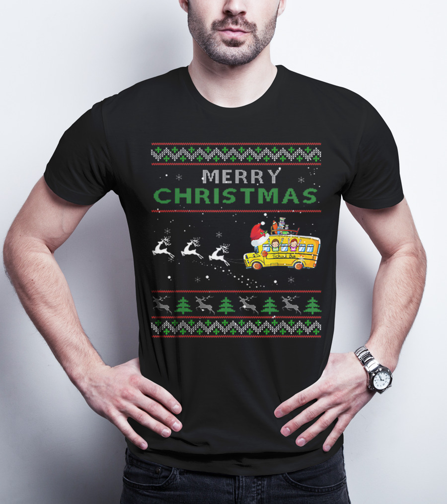 Merry Christmas School Bus Driver Santa And Reindeer Holiday T-Shirt
