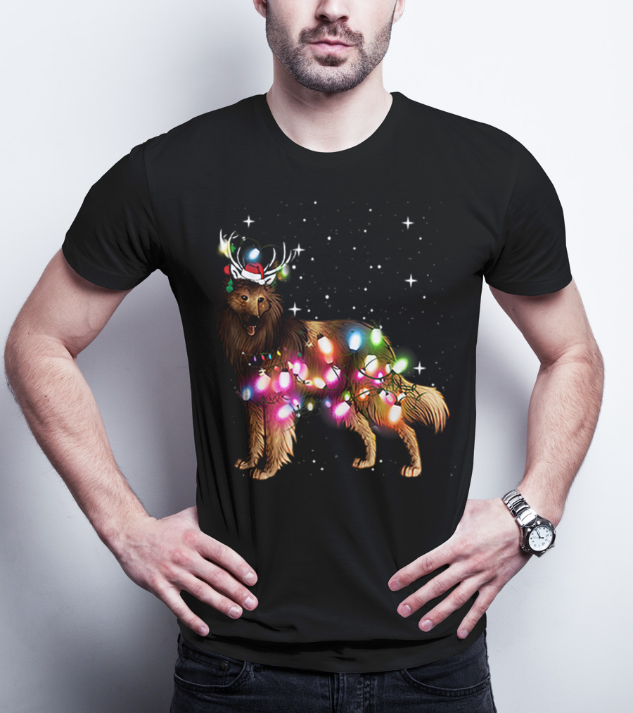 Belgian Tervuren In Santa Hat With Holiday Christmas Lights And Snowflakes T-Shirt