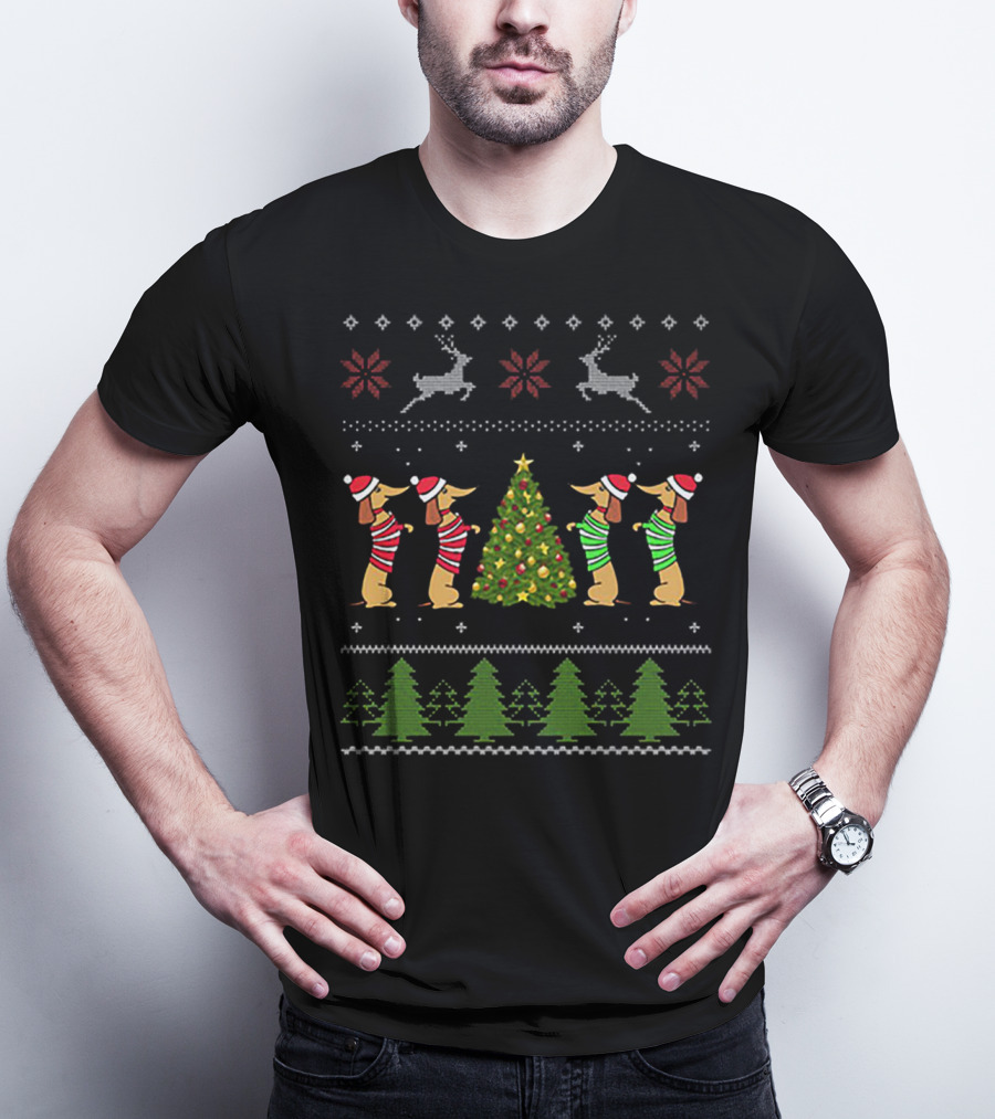 Dachshund Ugly Christmas Sweater Tree Reindeer T-Shirt