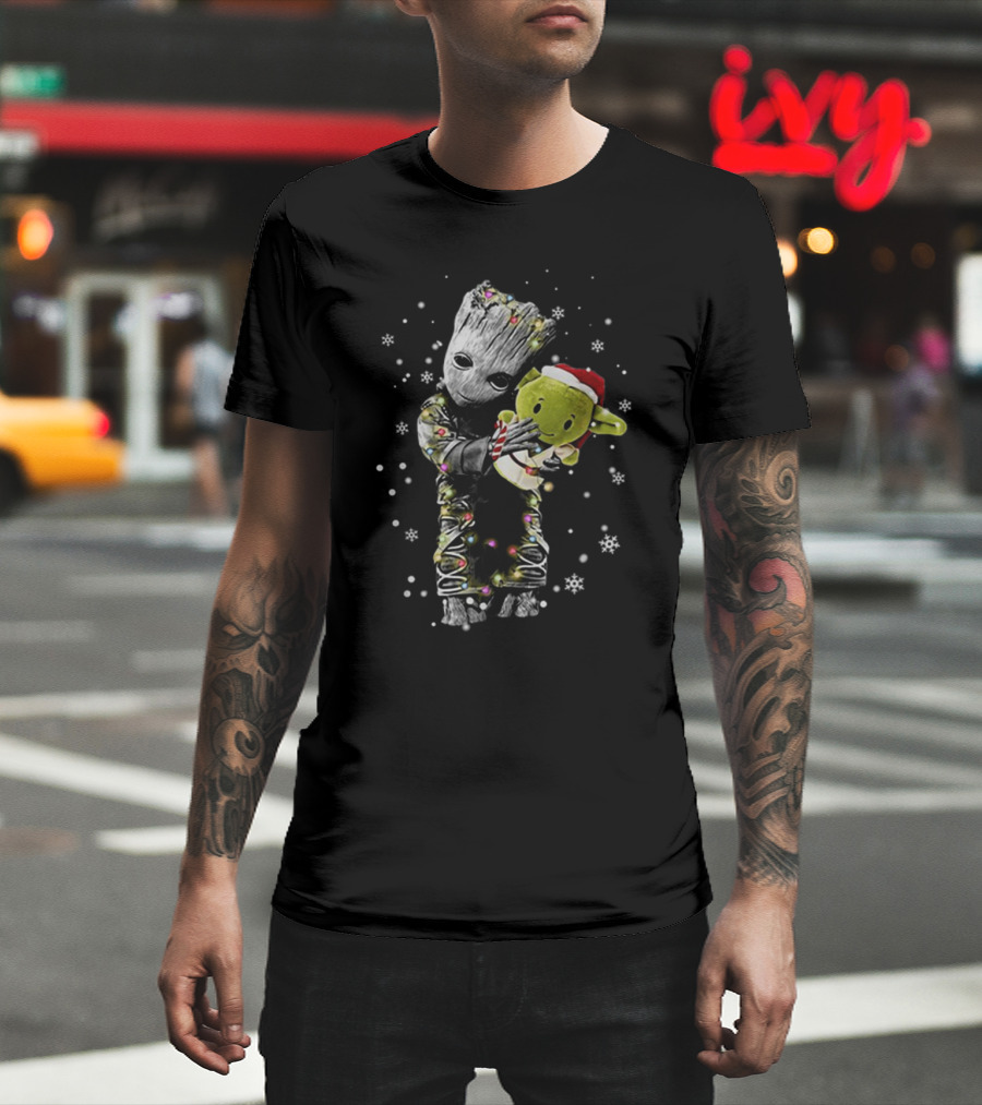 Baby Groot Hugging Baby Yoda Christmas Lights Snowflakes T-Shirt