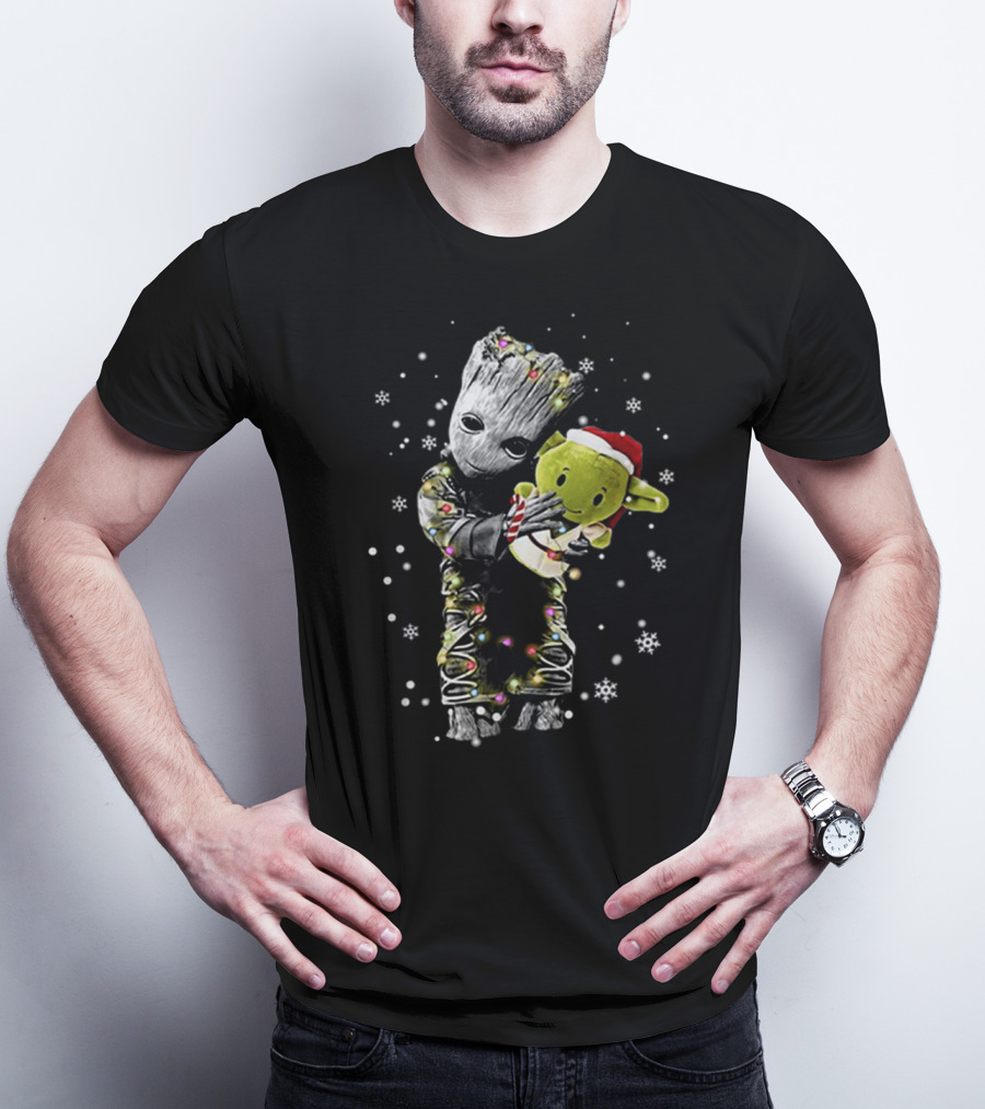 Baby Groot Hugging Baby Yoda Christmas Lights Snowflakes T-Shirt