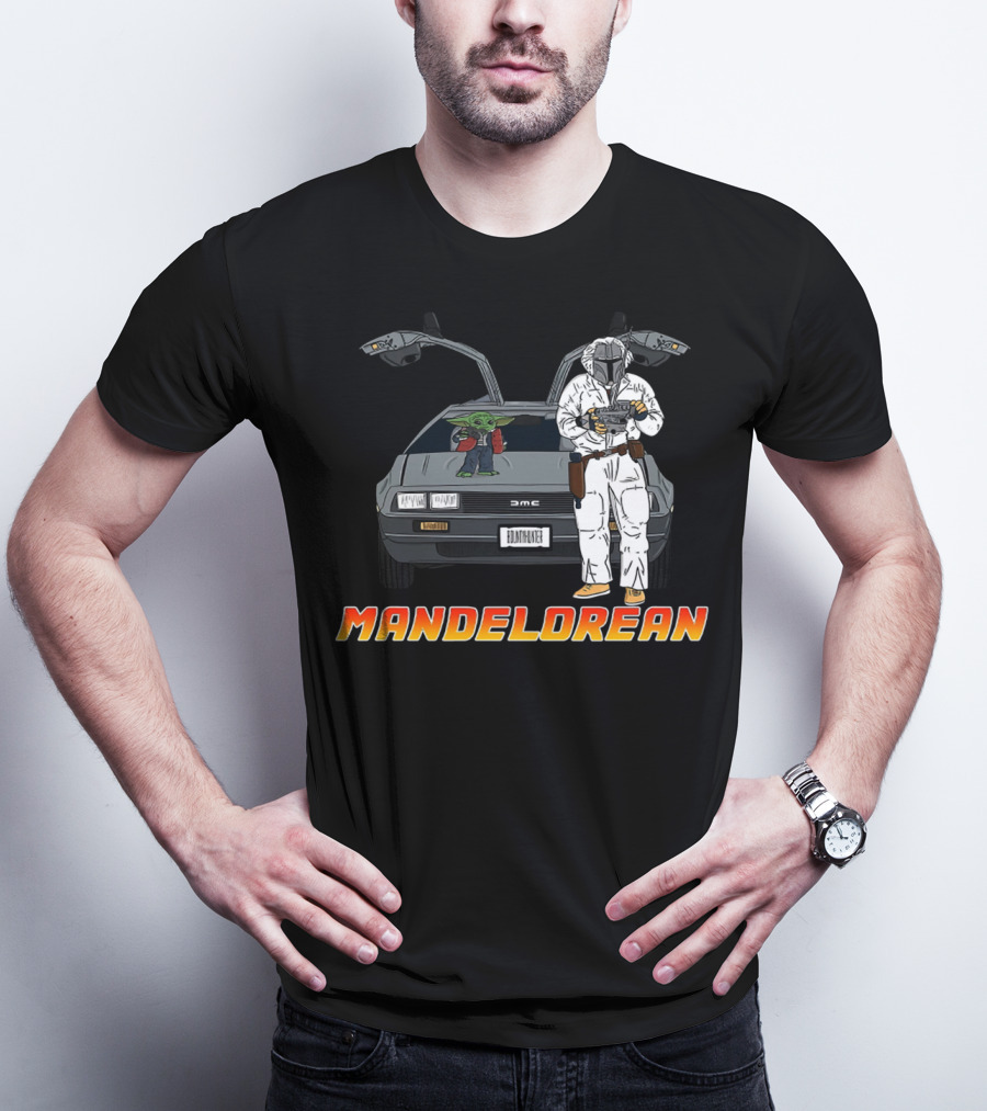 Mandelorean Baby Yoda And Boba Fett With DeLorean Car T-Shirt