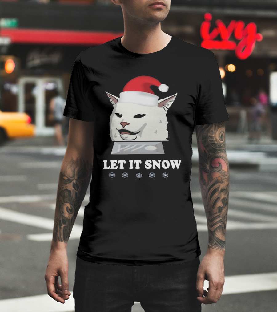 Let It Snow Cat In Santa Hat With Snowflakes T-Shirt