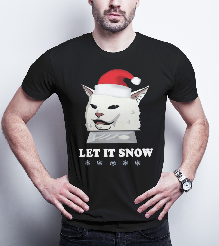 Let It Snow Cat In Santa Hat With Snowflakes T-Shirt