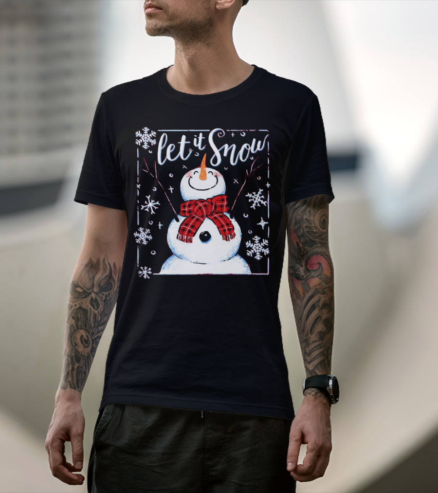 Let It Snow Santa Snowman With Scarf And Snowflakes T-Shirt