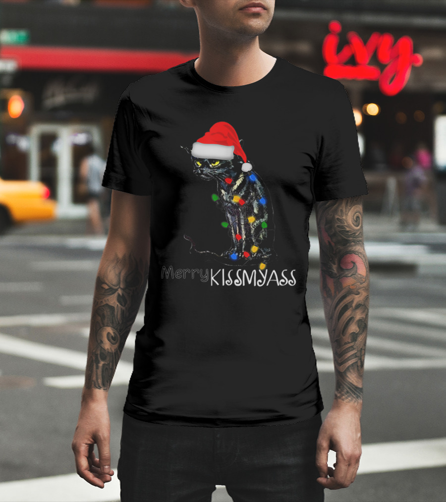 Merry Kissmyass Black Cat Santa Hat Christmas Lights T-Shirt
