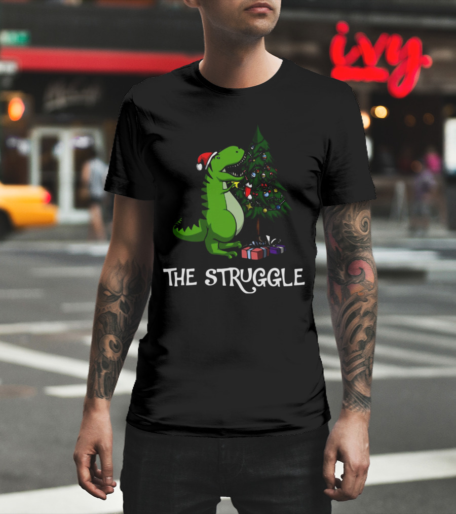 T Rex Dinosaur The Struggle With Christmas Tree T-Shirt