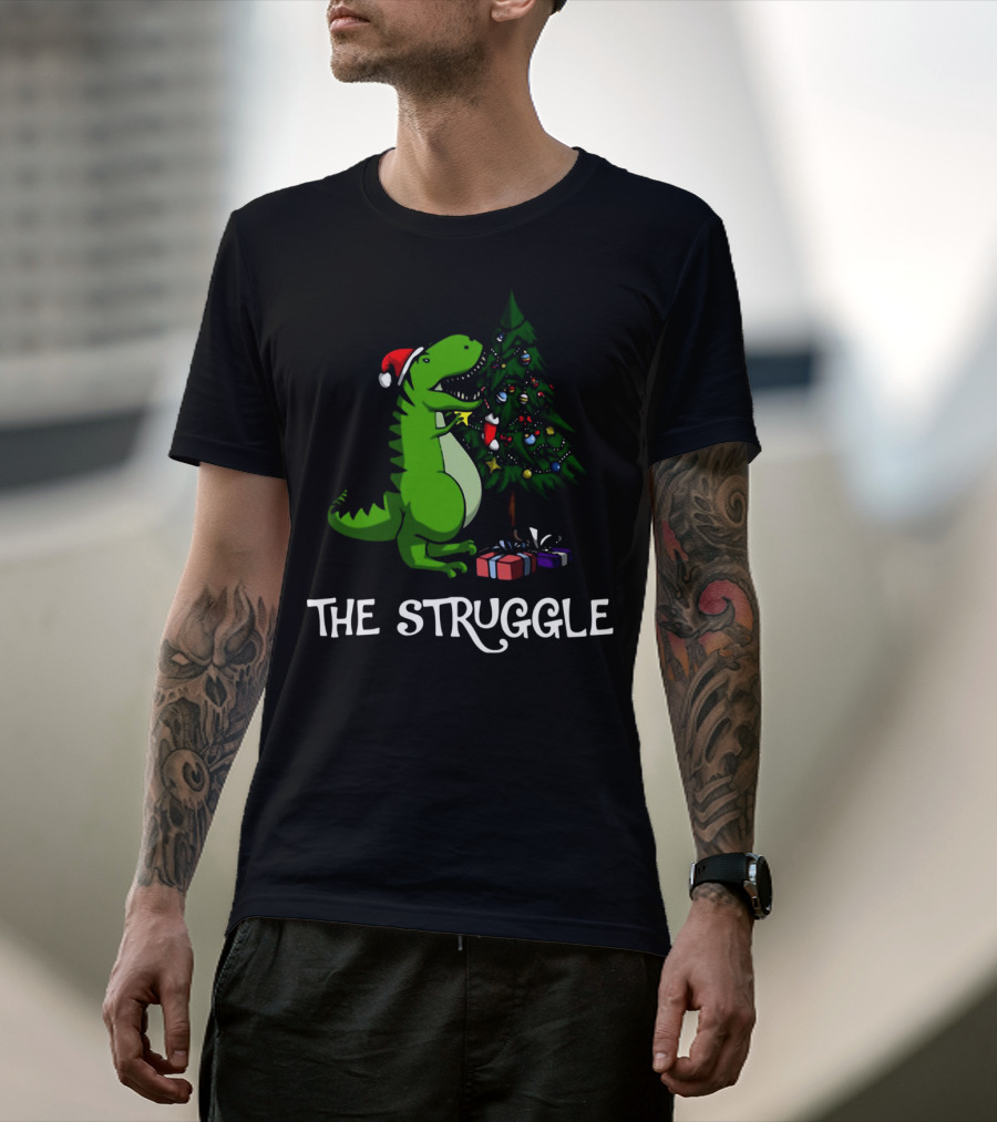 T Rex Dinosaur The Struggle With Christmas Tree T-Shirt