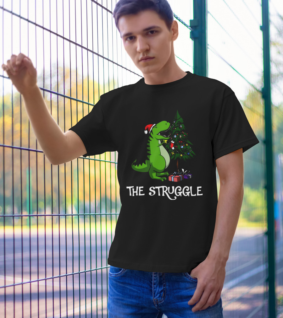 T Rex Dinosaur The Struggle With Christmas Tree T-Shirt