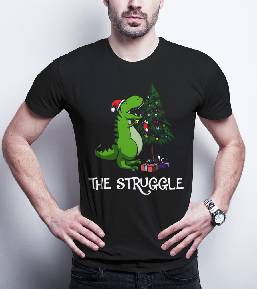 T Rex Dinosaur The Struggle With Christmas Tree T-Shirt