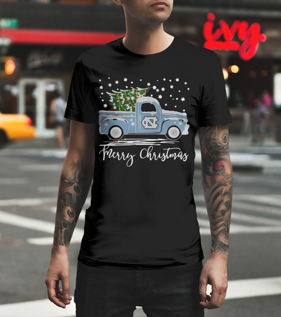 North Carolina Tar Heels Merry Christmas Pickup Truck With Tree T-Shirt
