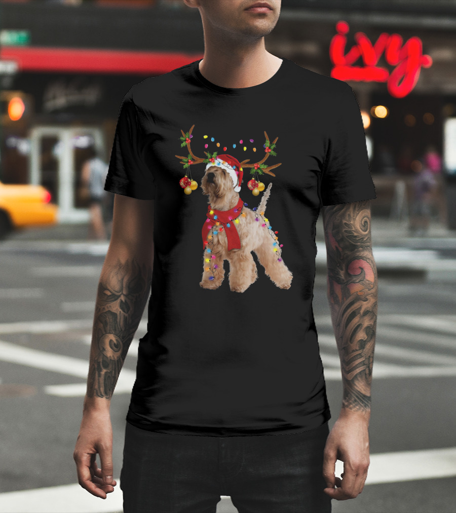 Christmas Wheaten Terrier With Santa Hat And Reindeer Antlers T-Shirt