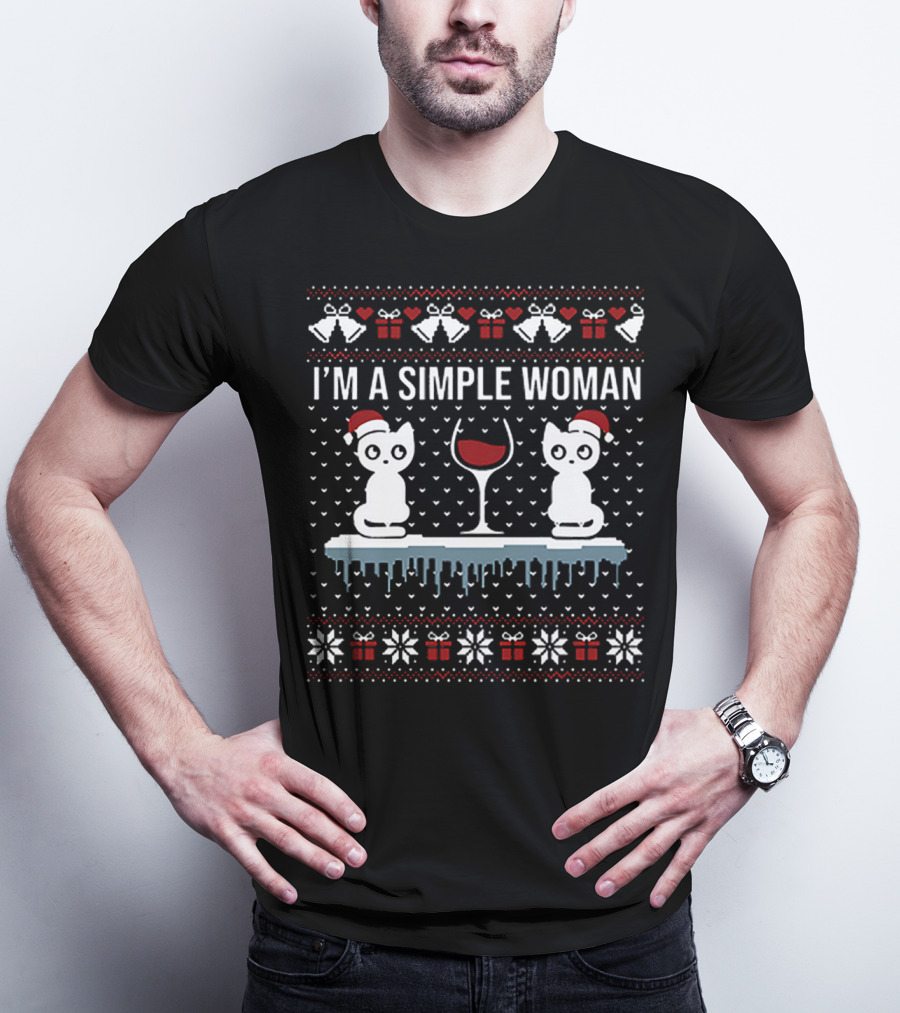 I’m A Simple Woman With Cats Wine And Christmas T-Shirt