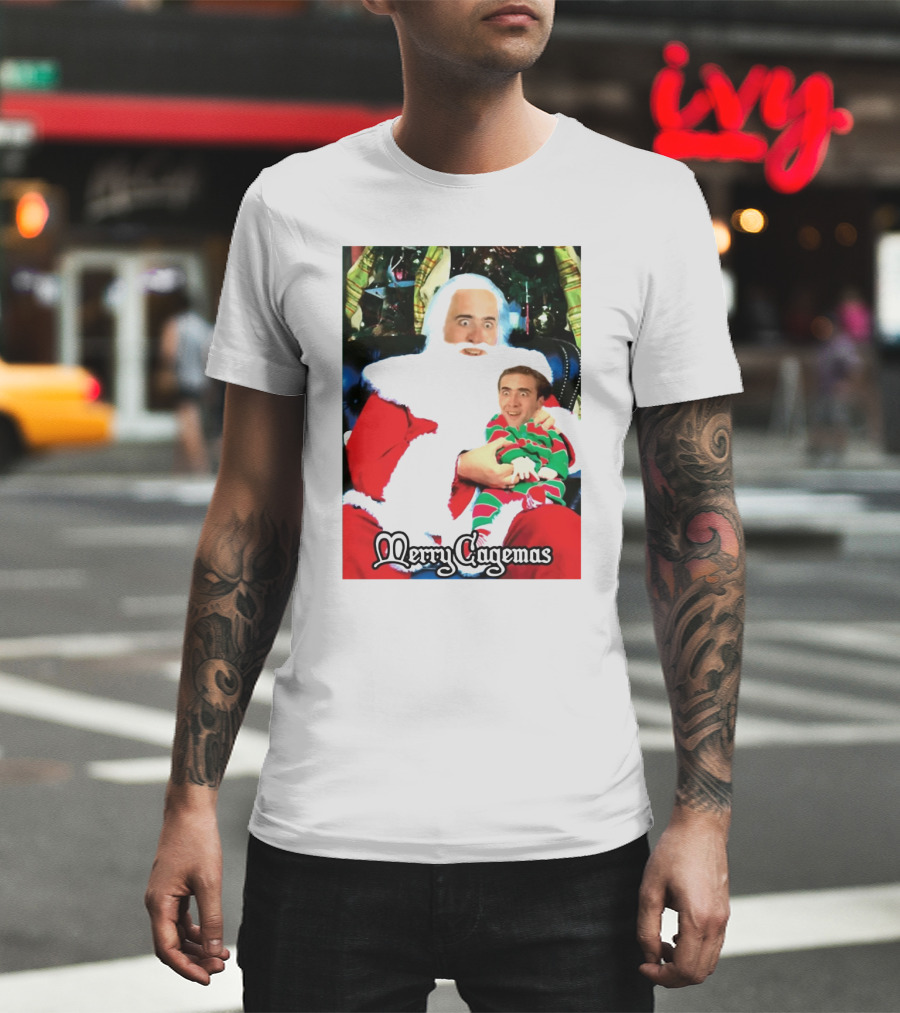 Santa Claus Nicolas Cage Merry Cagemas Christmas Scene T-Shirt