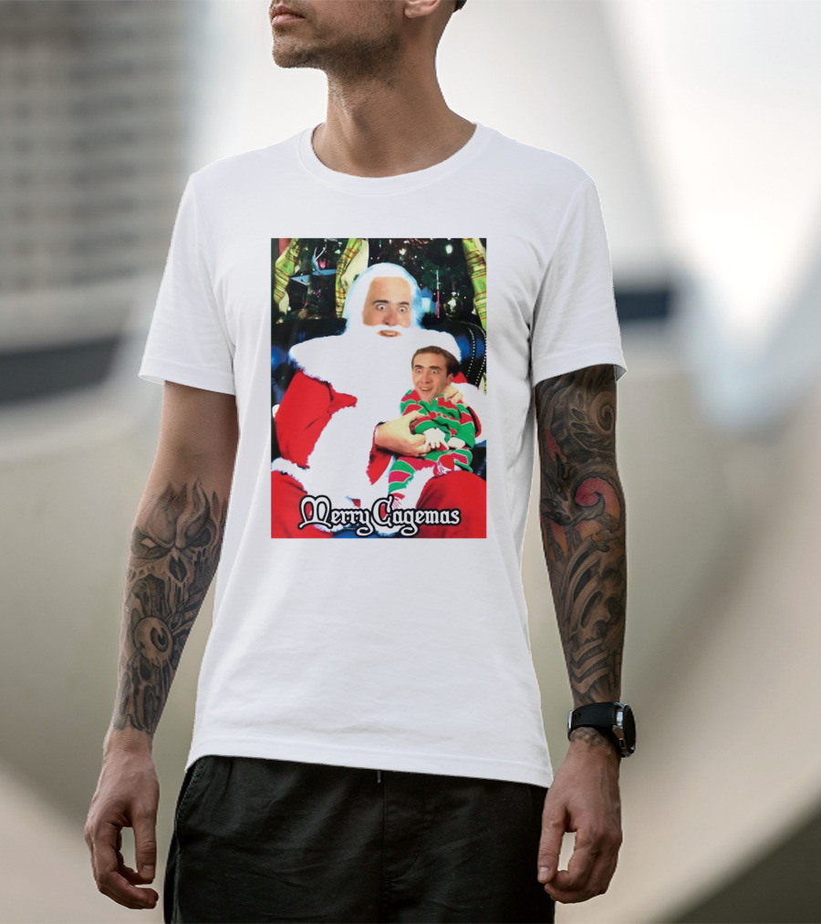 Santa Claus Nicolas Cage Merry Cagemas Christmas Scene T-Shirt