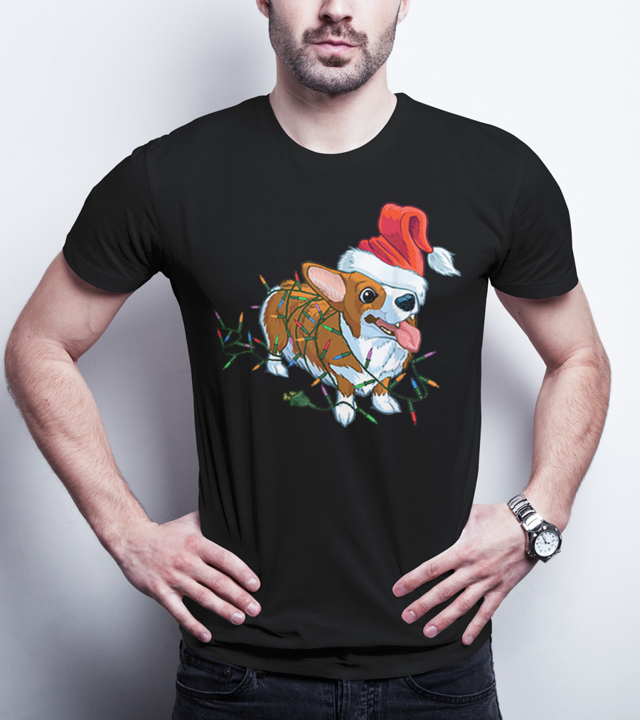Corgi Christmas Lights Santa Hat T-Shirt