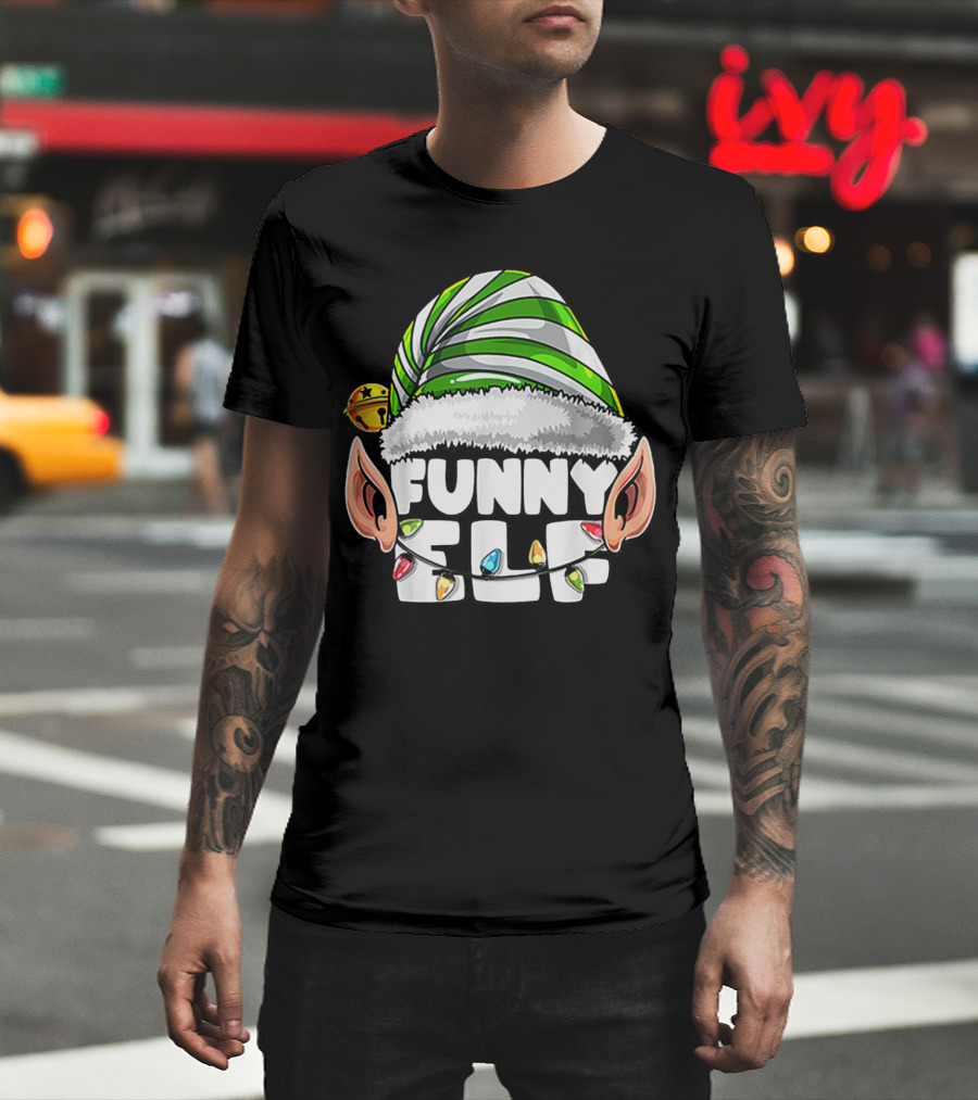 Funny Elf Matching Family Christmas Elf Hat Ears Lights T-Shirt
