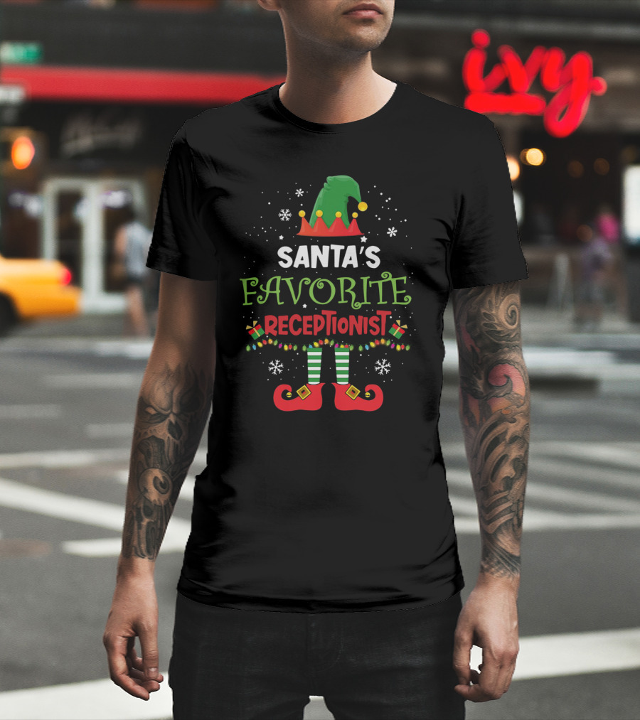 Santa's Favorite Receptionist Elf Hat And Shoes Snowflakes T-Shirt