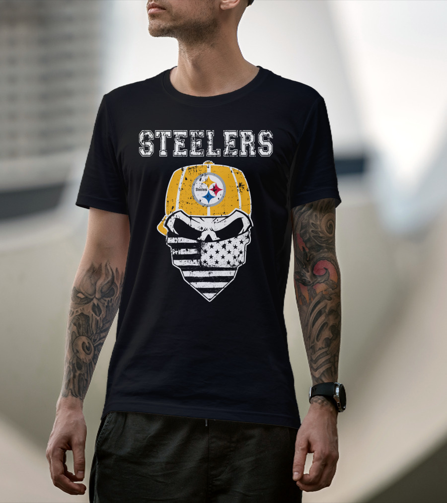 Steelers Skull With American Flag Bandana And Hat T-Shirt