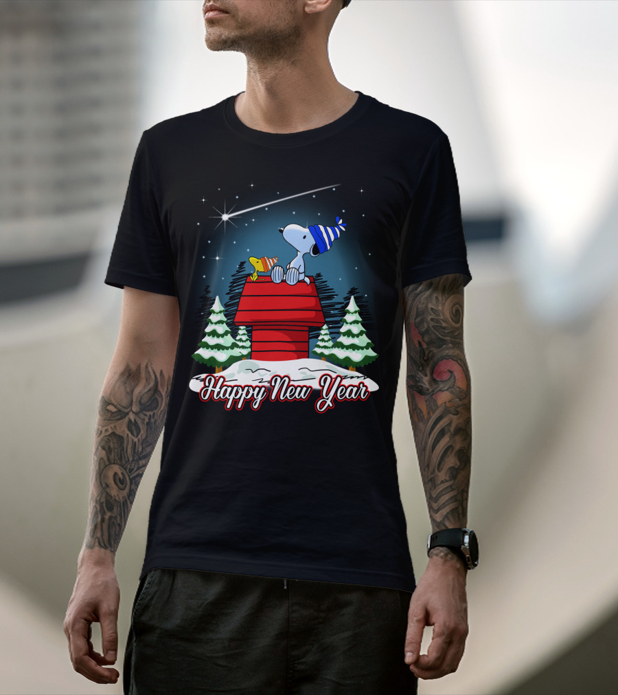 Snoopy Happy New Year With Woodstock On Doghouse Under Starry Sky T-Shirt