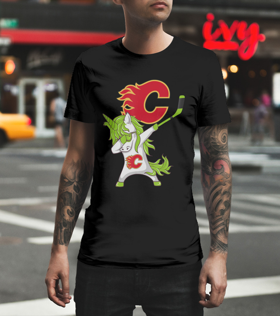 St Patrick Day Dabbing Unicorn Calgary Flames Hockey Stick T-Shirt
