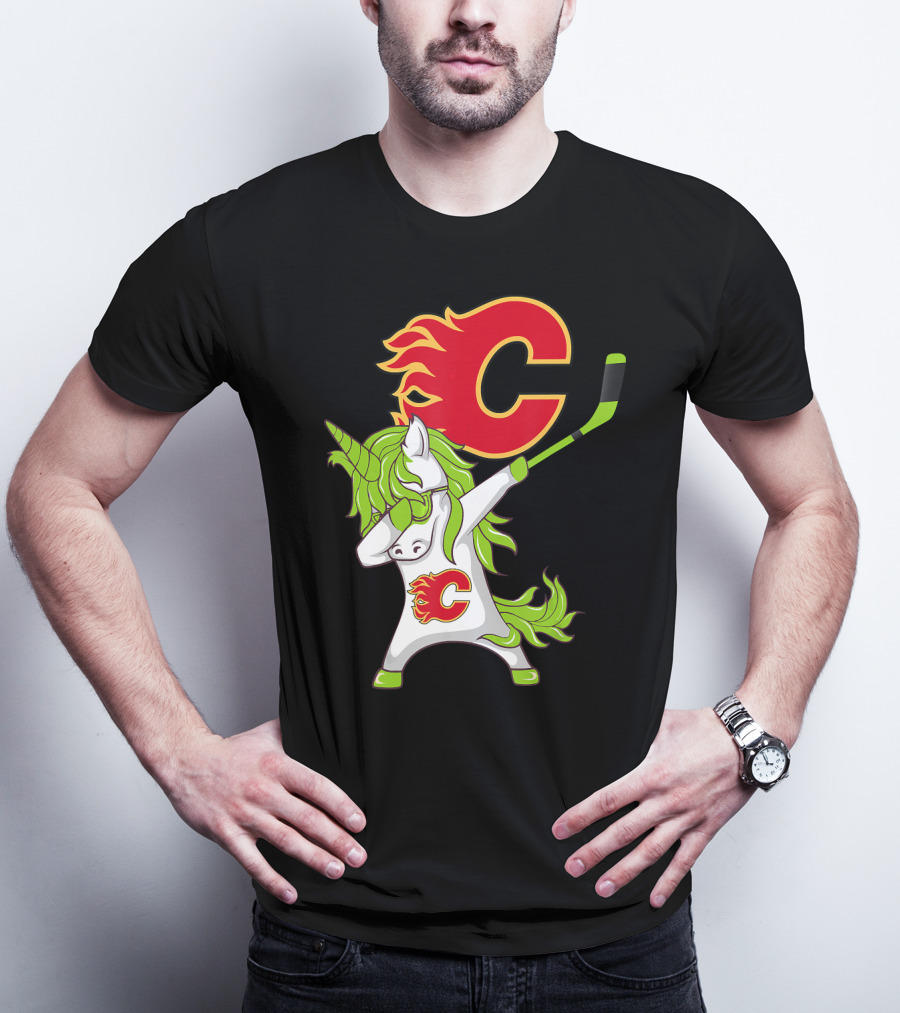 St Patrick Day Dabbing Unicorn Calgary Flames Hockey Stick T-Shirt