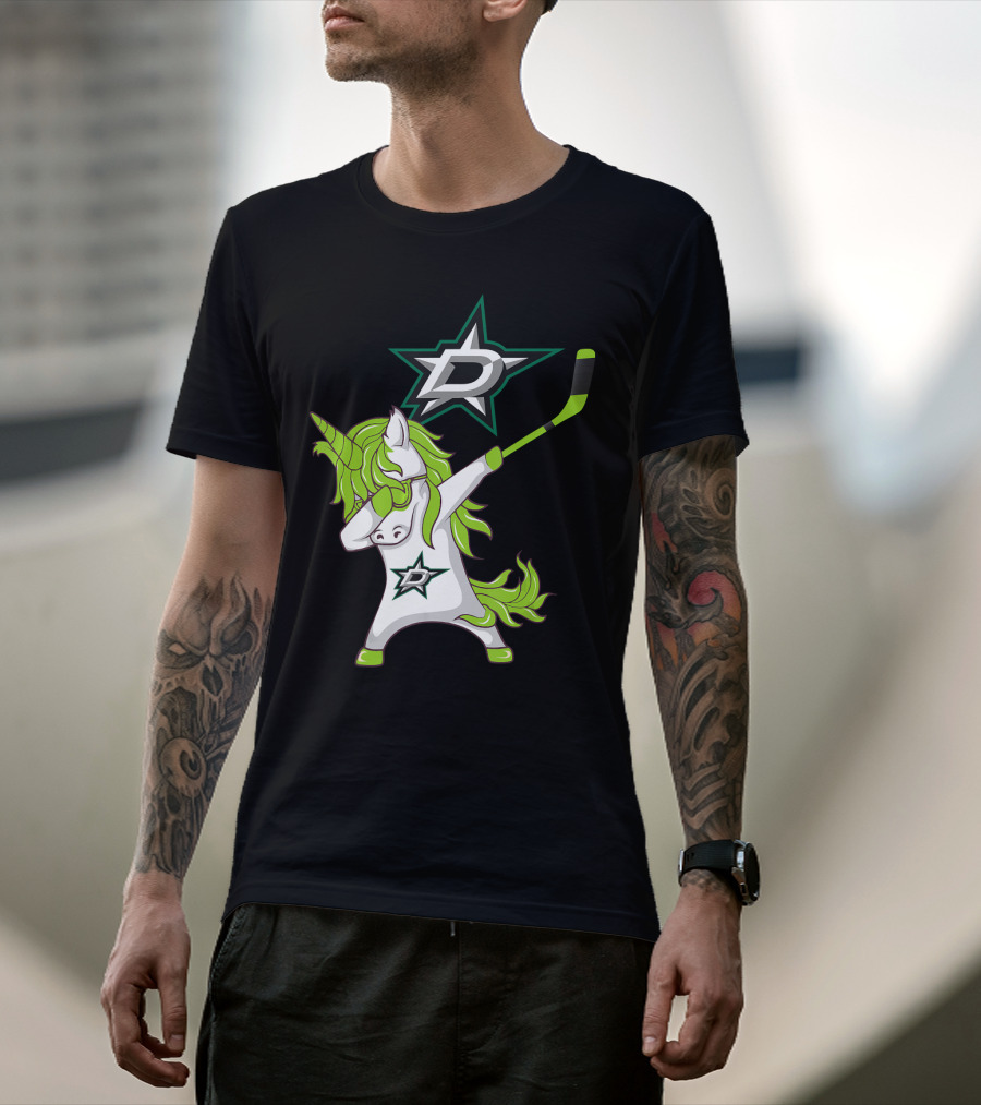 St Patrick's Day Dabbing Unicorn With Hockey Stick Dallas Stars T-Shirt