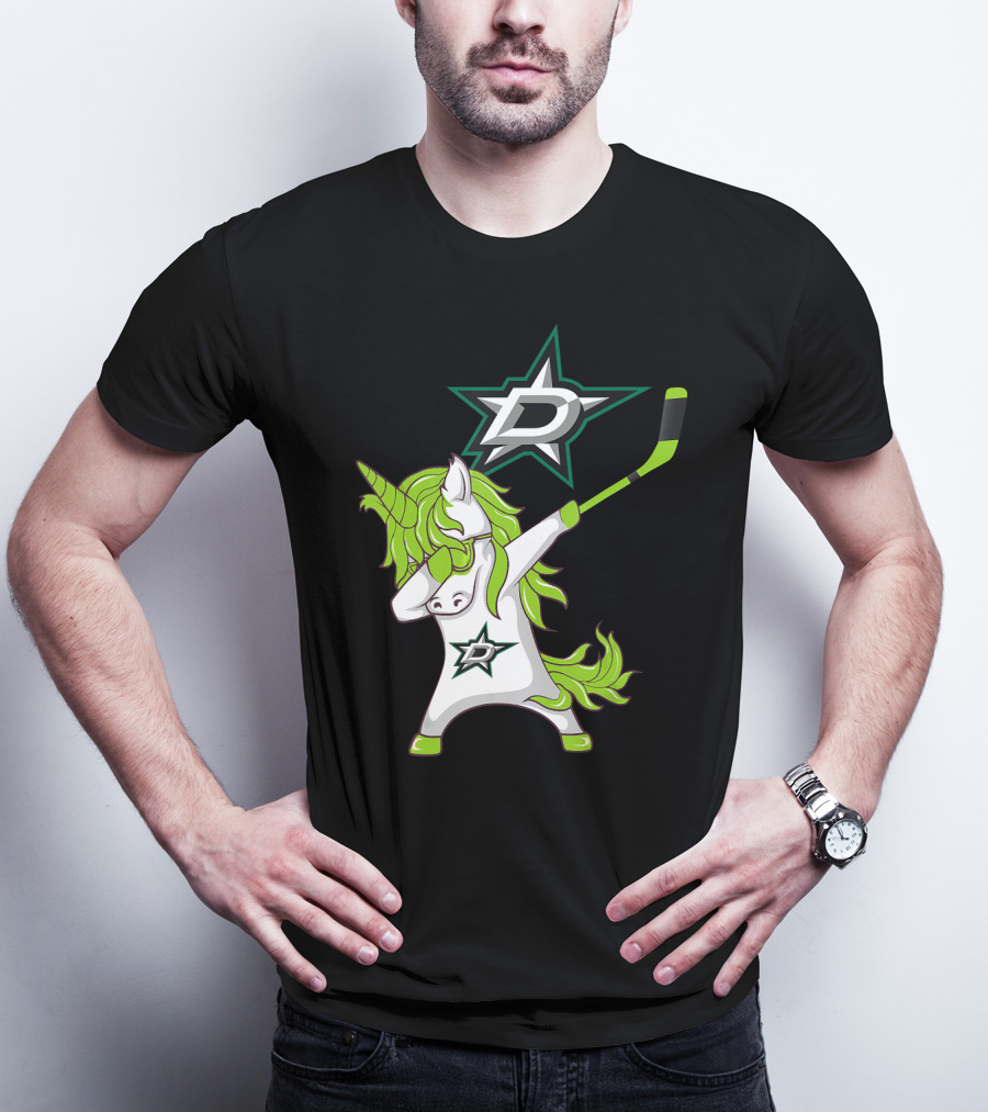 St Patrick's Day Dabbing Unicorn With Hockey Stick Dallas Stars T-Shirt