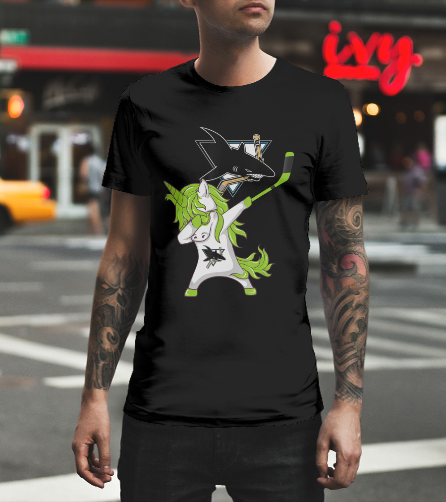 St Patrick's Day Dabbing Unicorn San Jose Sharks Hockey Stick T-Shirt